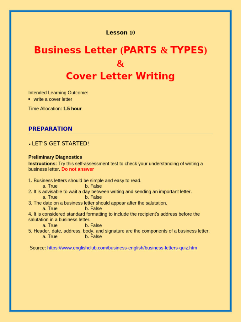 BIT 1 H GEC PC Lesson 8 Business Letter Cover Letter Writing 1st Sem ...