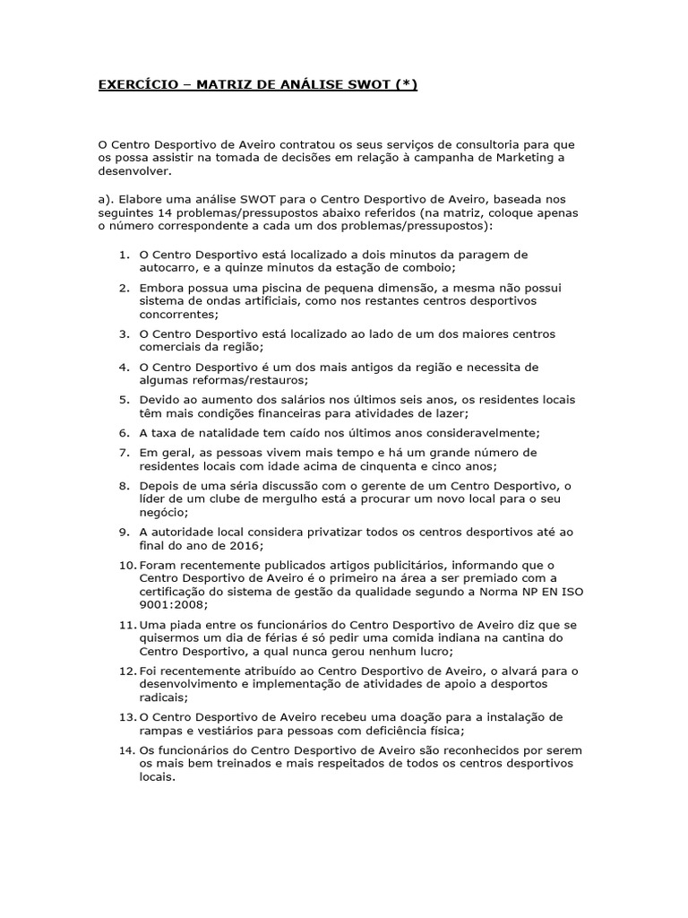 Exercício - Matriz SWOT | PDF | Gestão de qualidade