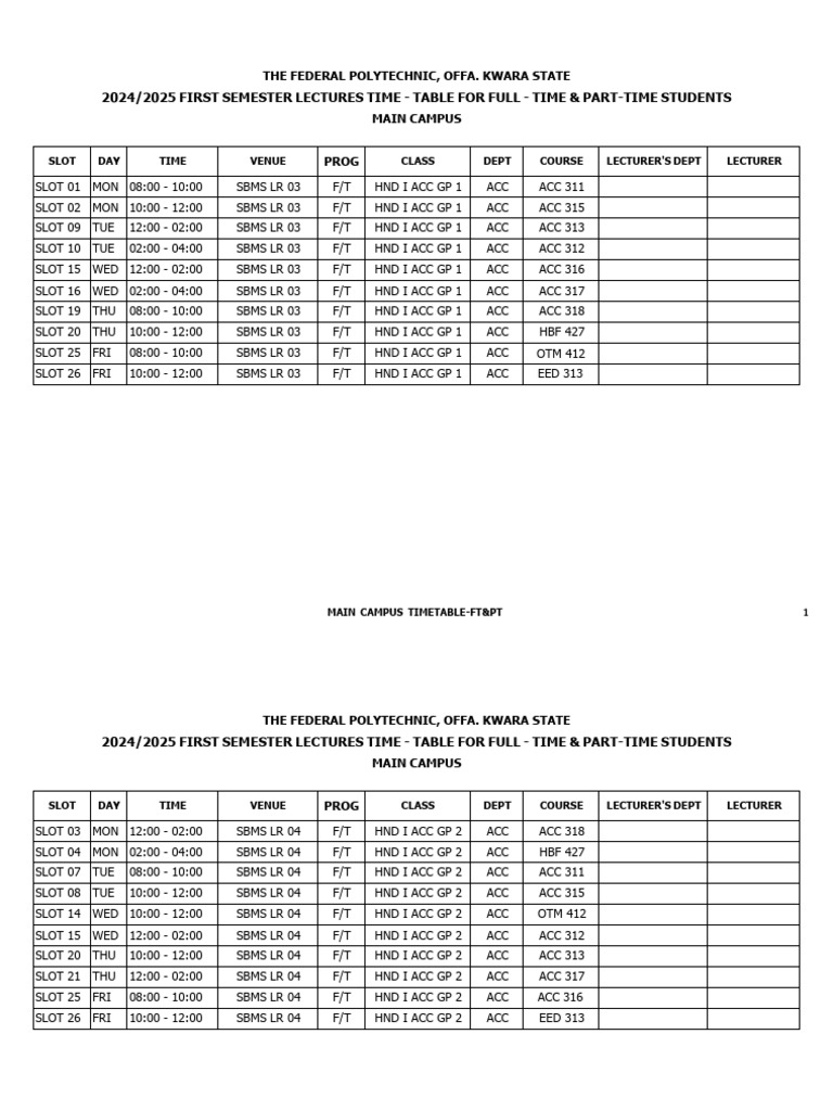 MAIN CAMPUS 2024-25 First Semester Lecture Time Table - 080618 | PDF | Qualifications ...