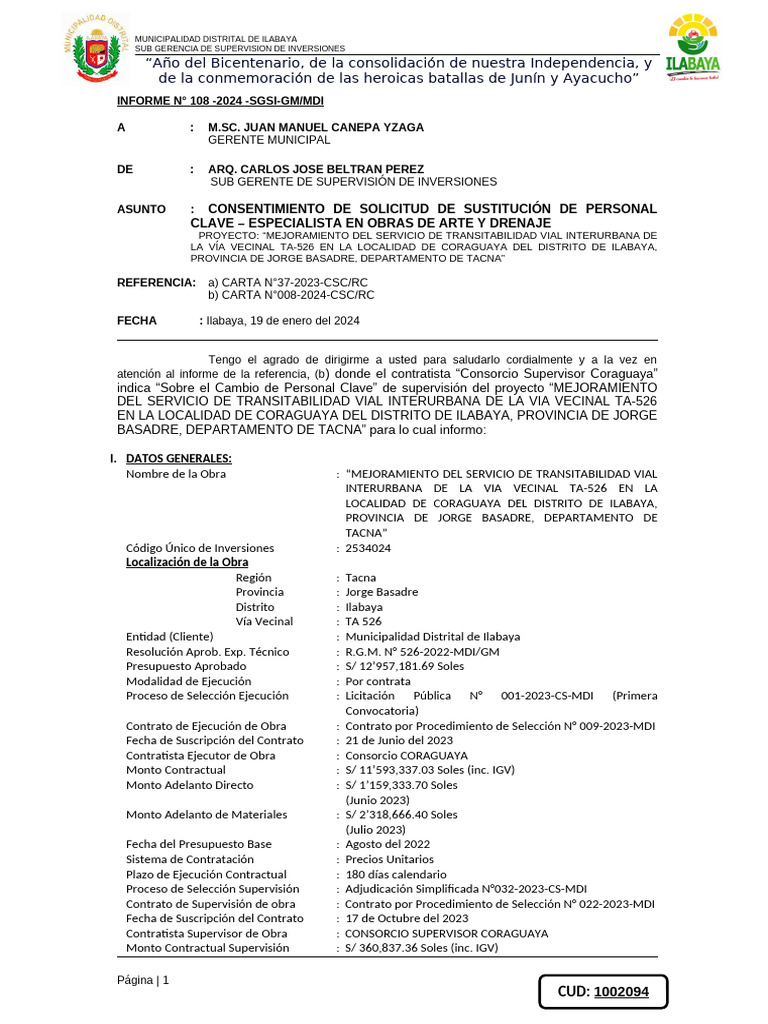 Informe #108 Sobre Cambio de Personal Clave | PDF