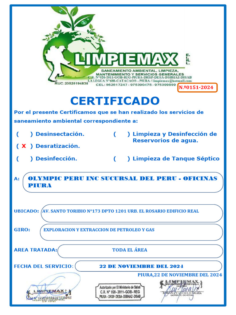 Cert. N°0151-2024 - 22-11-24 Desrat. Oficinas Piura X | PDF