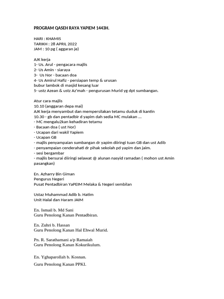 Tentatif Program Yapiem 1443h | PDF