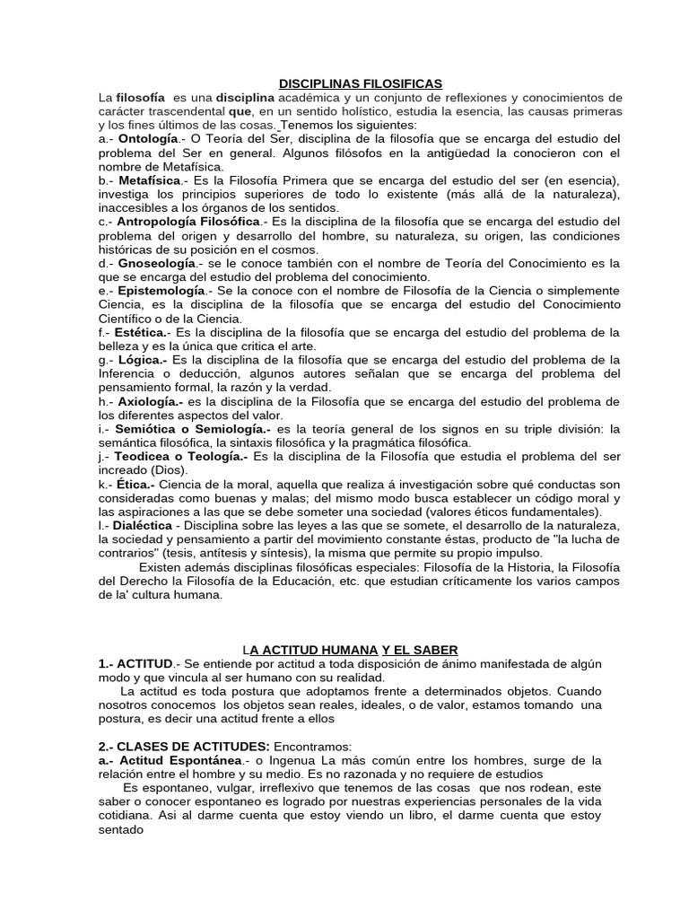Disciplinas de la Filosofía y Actitudes Humanas | PDF | Conocimiento ...