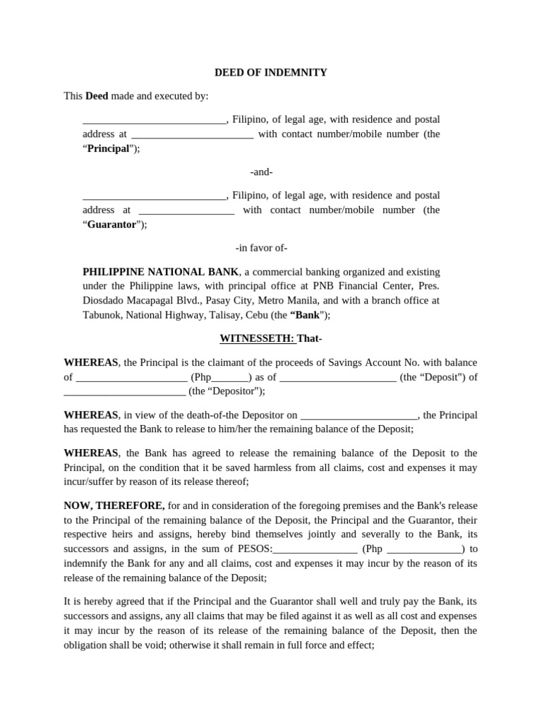 DEED_OF_INDEMNITY | PDF | Indemnity | Private Law