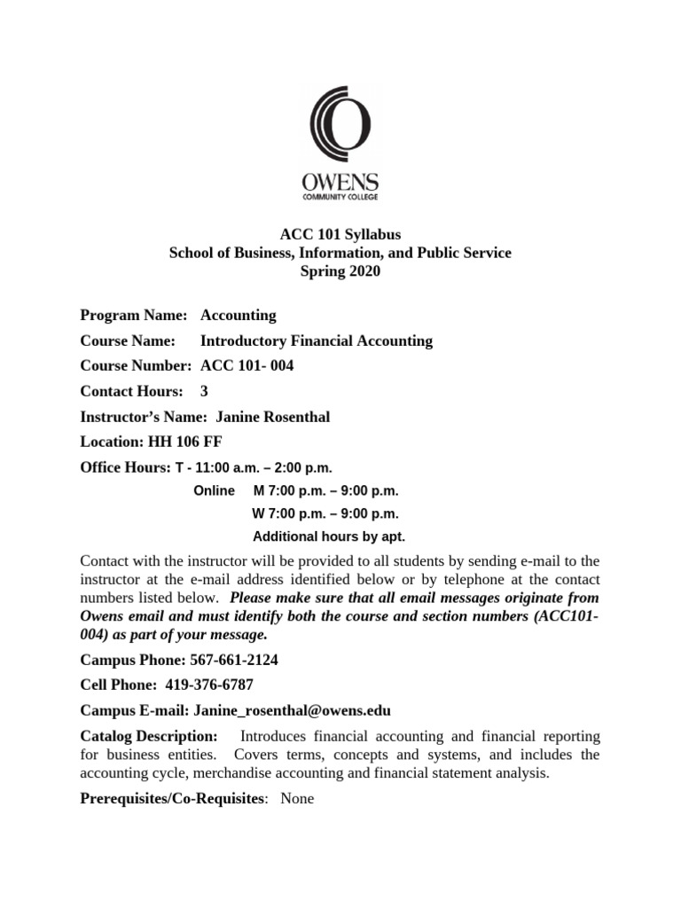 ACC 101-004 Syllabus - Spring 2020 | PDF | Balance Sheet | Accounting