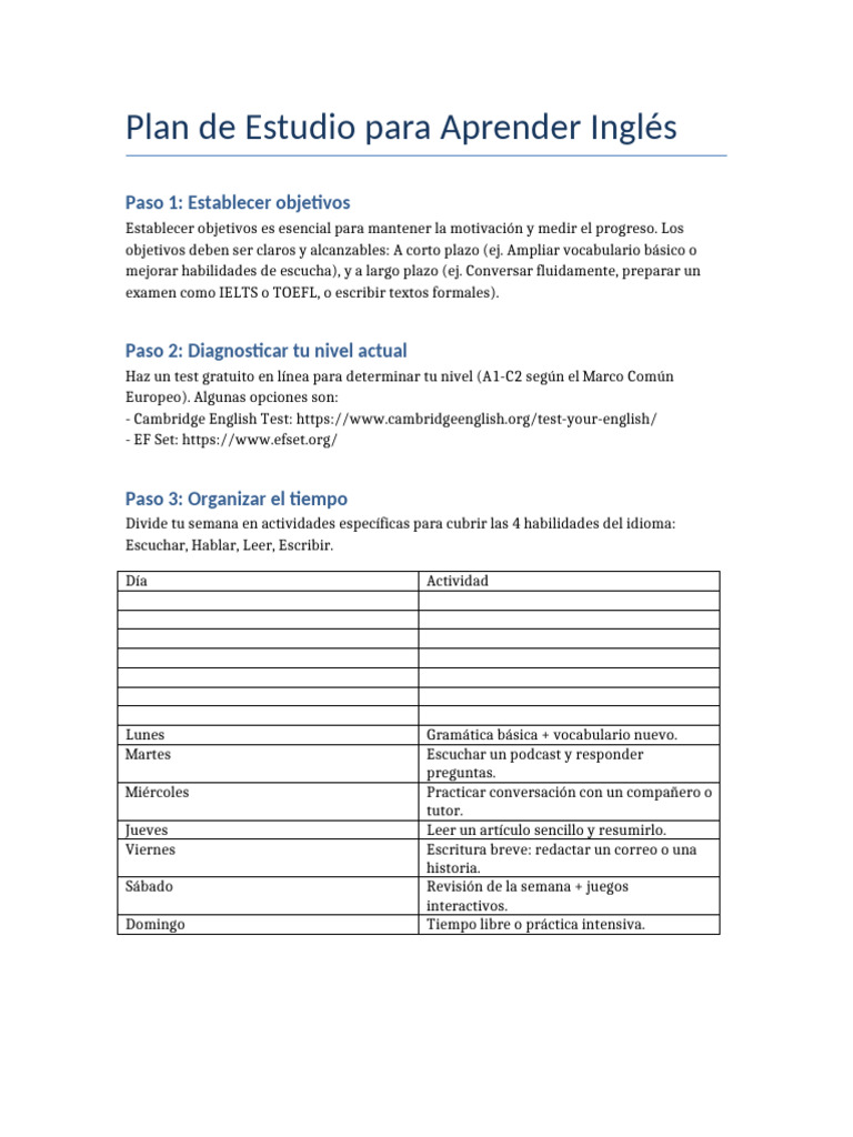 Plan de Estudio Ingles | PDF | Sistema internacional de pruebas de idioma inglés | Cognición