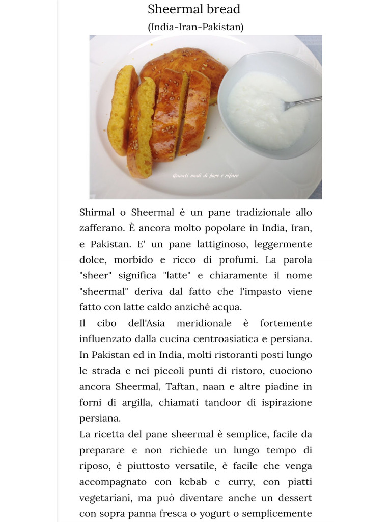 Ricetta Pane Shirmal bread Sheermal bread (India, Iran, Pakistan) | PDF