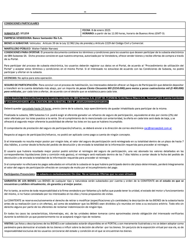 Condiciones Venta Y Pago - SBN Subastas Sa - Subastas Online | PDF | Subasta | Oferta (economía)