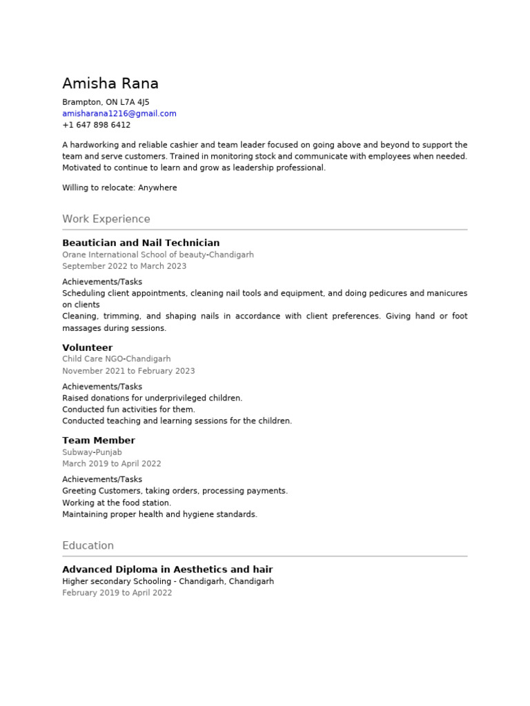 Cashier & Beautician Resume - Amisha Rana | PDF