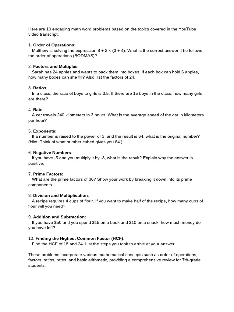 Grade Level 7 - Math Word Problems | PDF | Multiplication | Mathematics