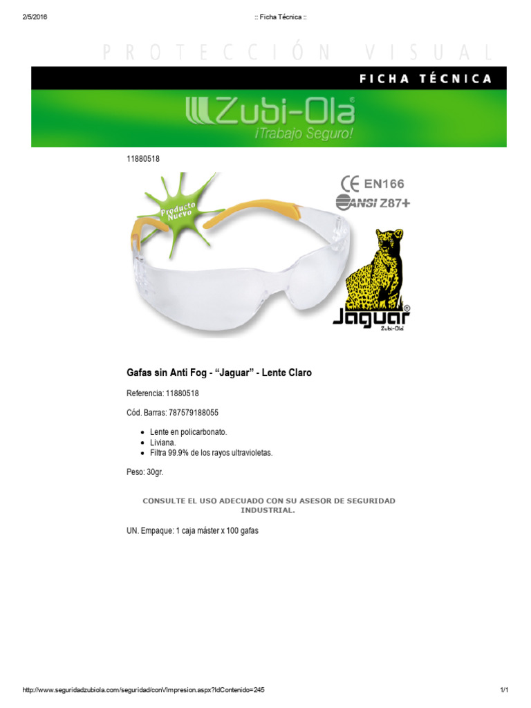 FICHA TECNICA GAFA LENTE CLARO REF. 11880518 | PDF