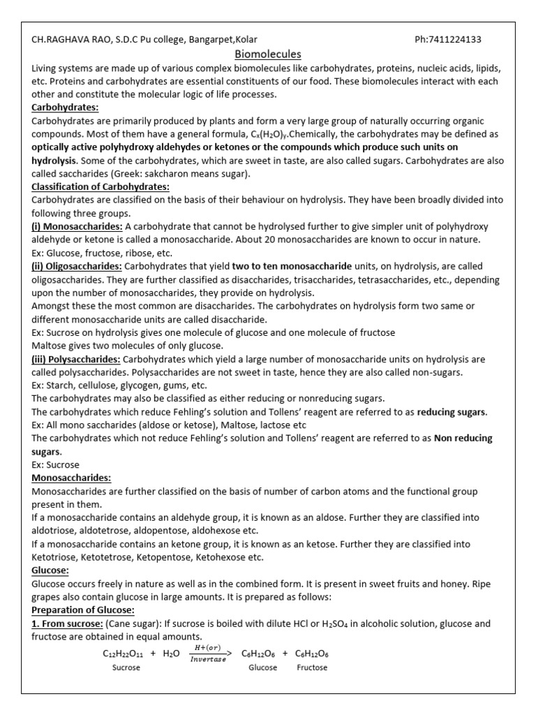 Biomolecules ncert full notes | PDF | Carbohydrates | Nucleic Acids