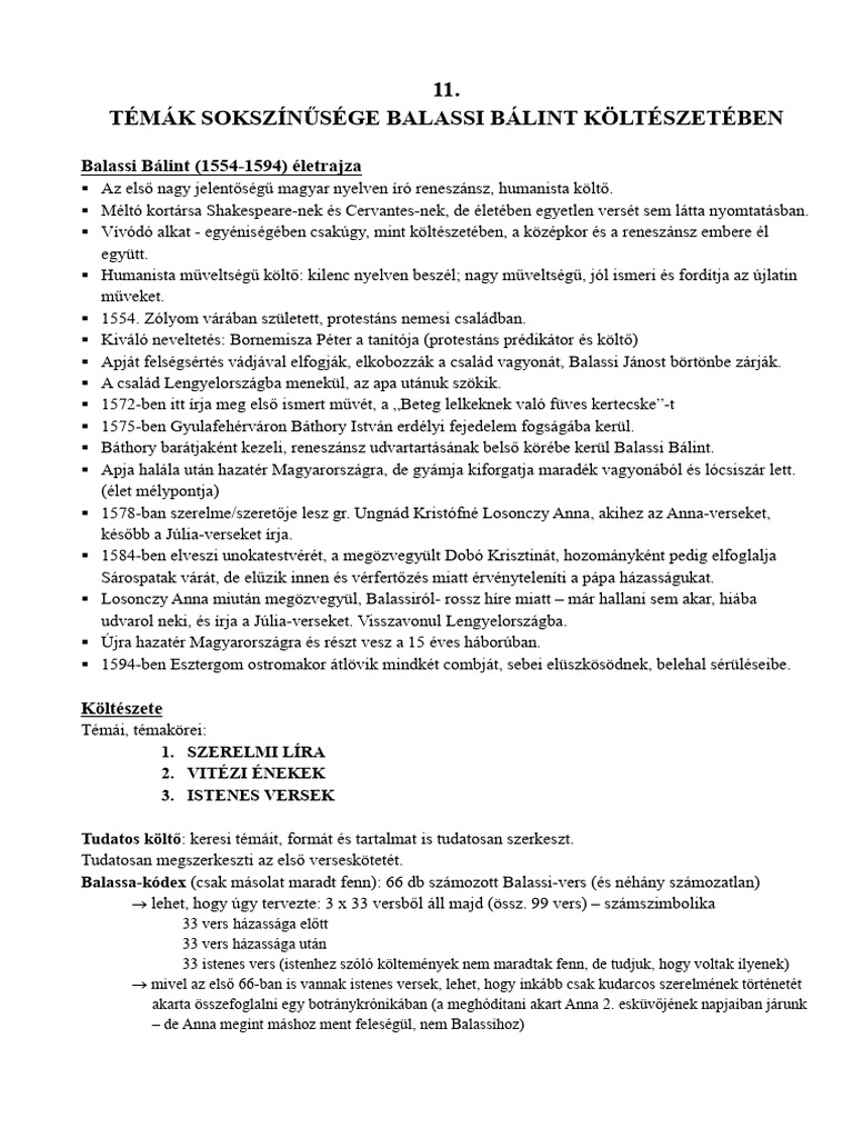 Témák Sokszínűsége Balassi Bálint Költészetében | PDF