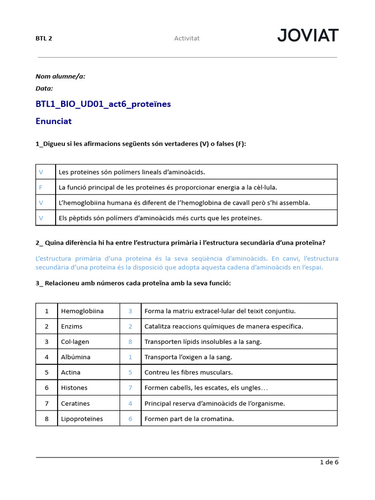 BTL1 BIO UD01 Act6 Proteïnes Solució | PDF