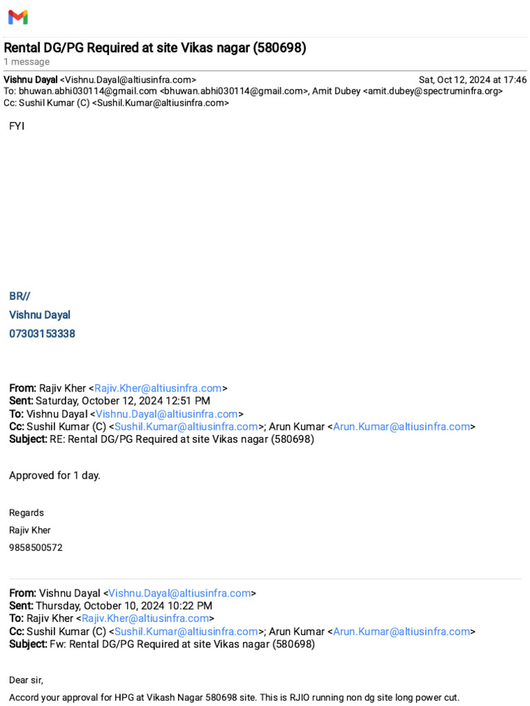 10 October 20240Rental DG PG Required at Site Vikas Nagar (580698) | PDF