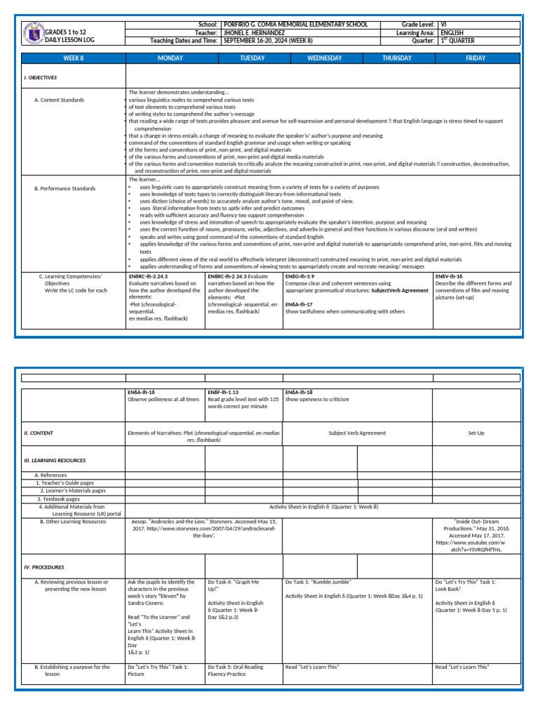 Hernandez Melc-Based Grade 6 DLL Quarter 1 Week 8 | PDF | Reading Comprehension | English Language