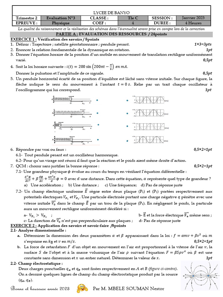 Physique Tle C Evaluation 3. | PDF | Pendule (physique) | Champ (physique)