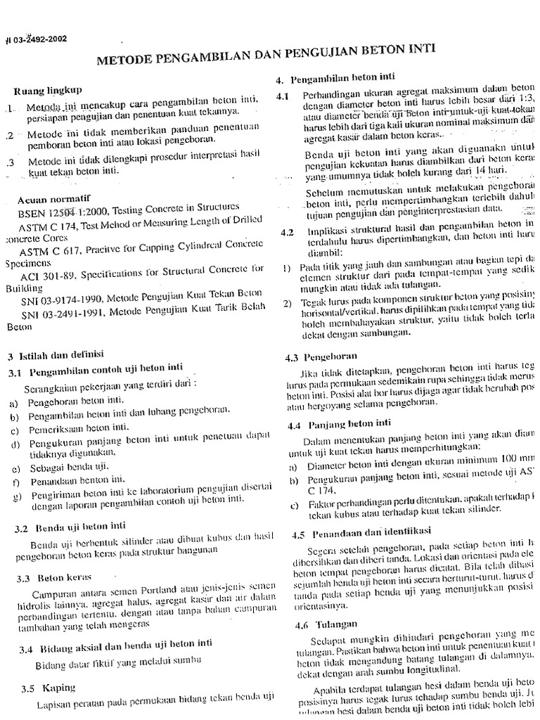 SNI 03-2492-2002 Methods of Making and Testing of Concrete Core ...