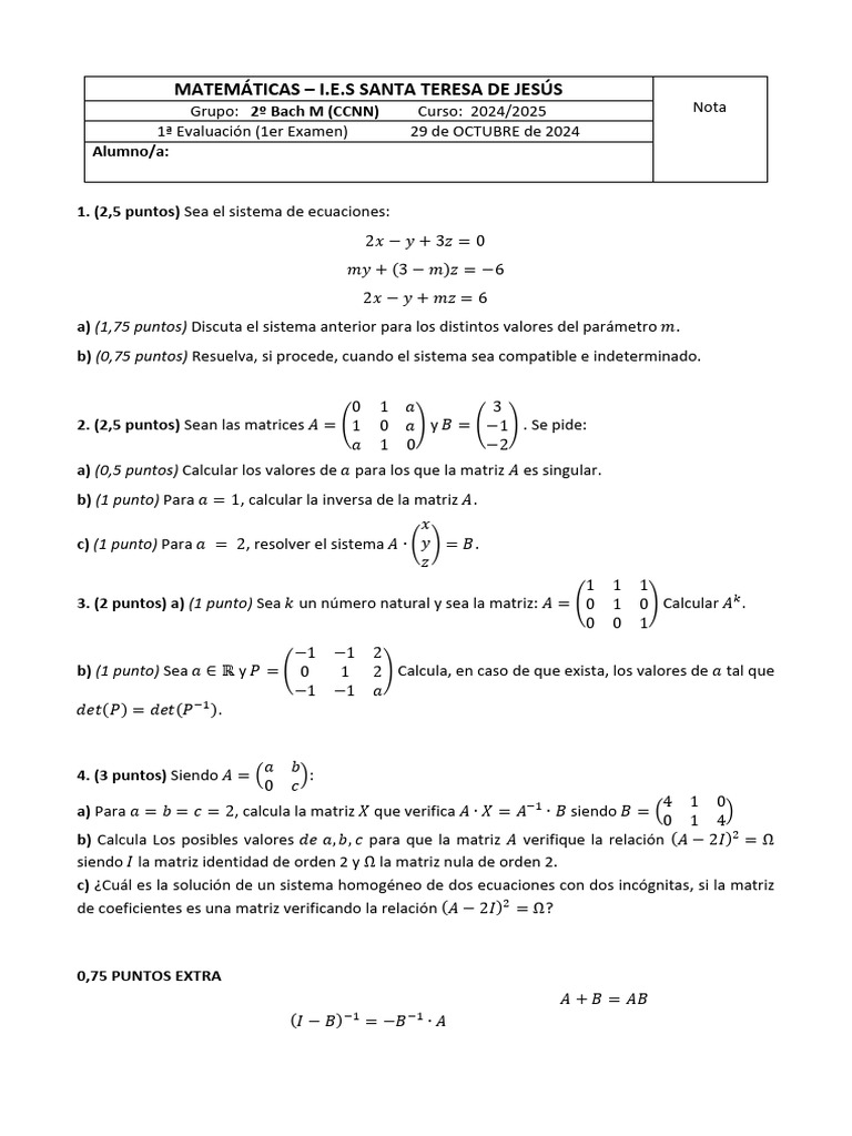 Enunciado Parcial 1 - 1a Eval 2M | PDF | Matriz (Matemáticas) | Ecuaciones