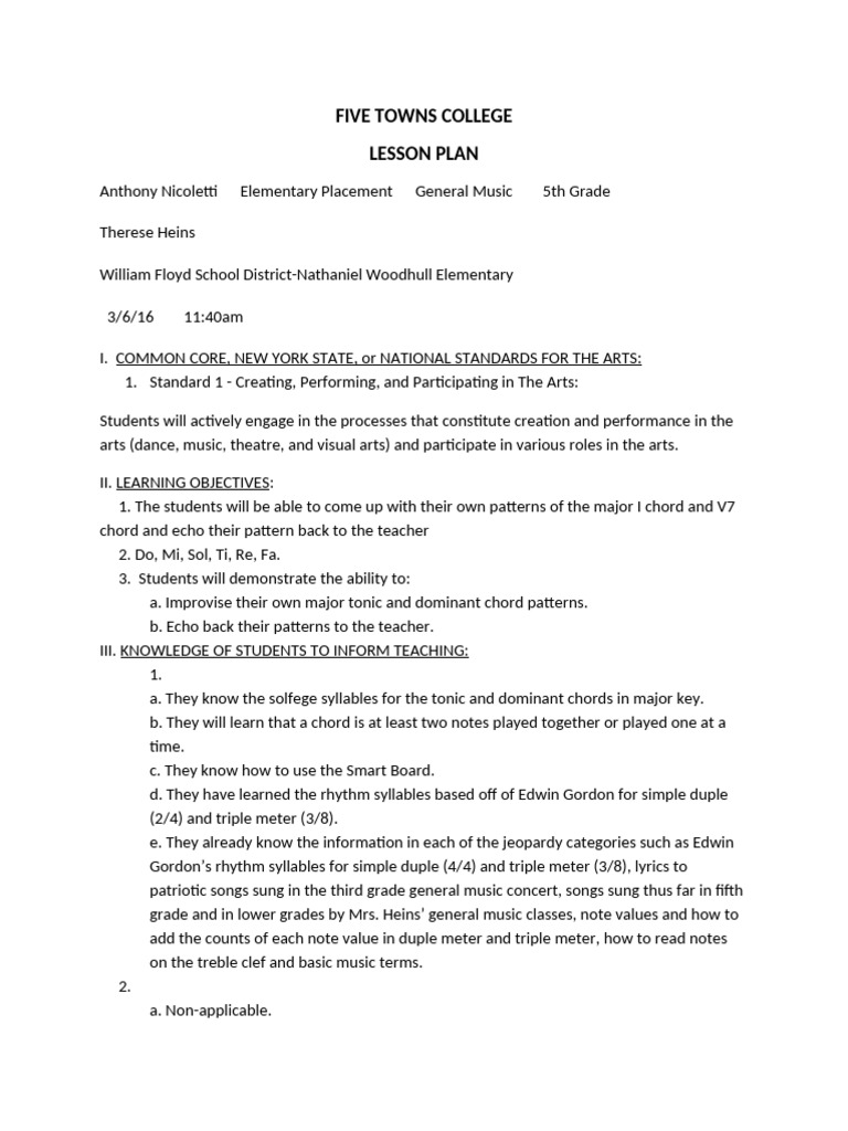 5th Grade General Music Lesson Plan | PDF | Music Theory | Musical ...