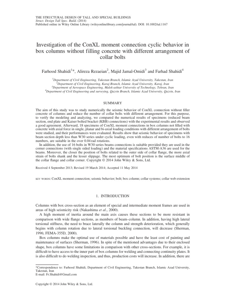 Investigation of The ConXL Moment Connection Cyclic Behavior in Box ...