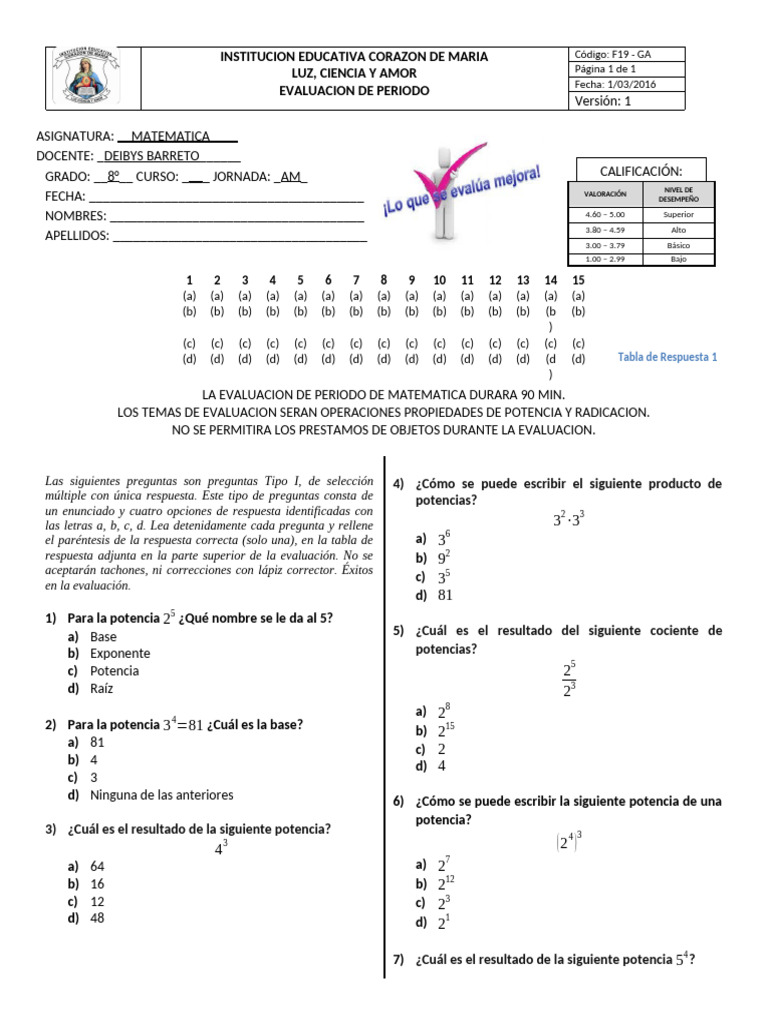 Matematica 8° Evaluacion Tercer Periodo | PDF