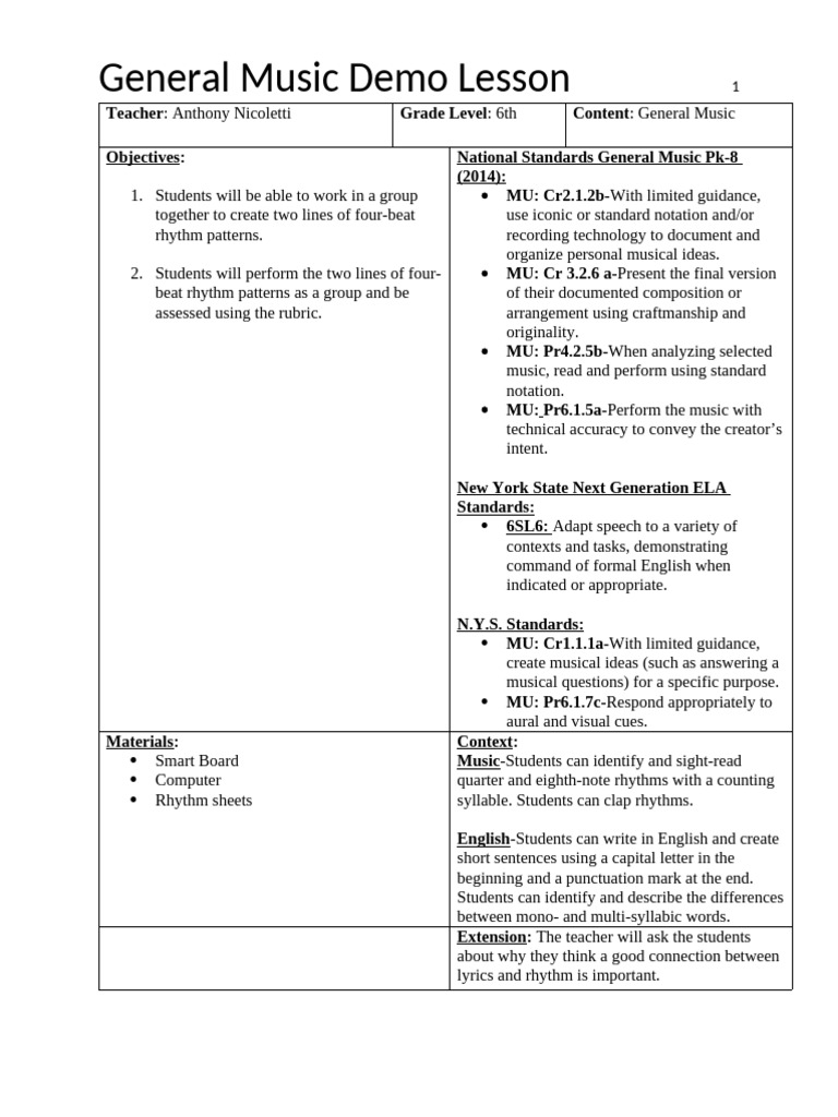 GM Demo Lesson Plan 2 | PDF | Rhythm | Learning