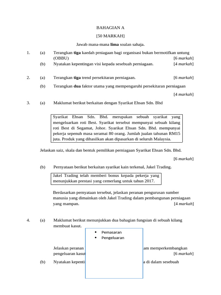 Perniagaan K2 - Soalan Percubaan Johor Kluang 2018 (Soalan) | PDF