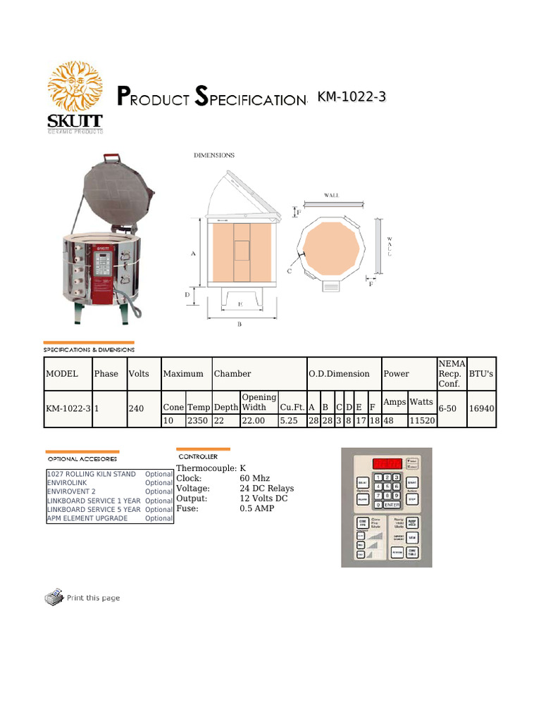 KM-1022-3 Ceramic Kiln Specifications | PDF