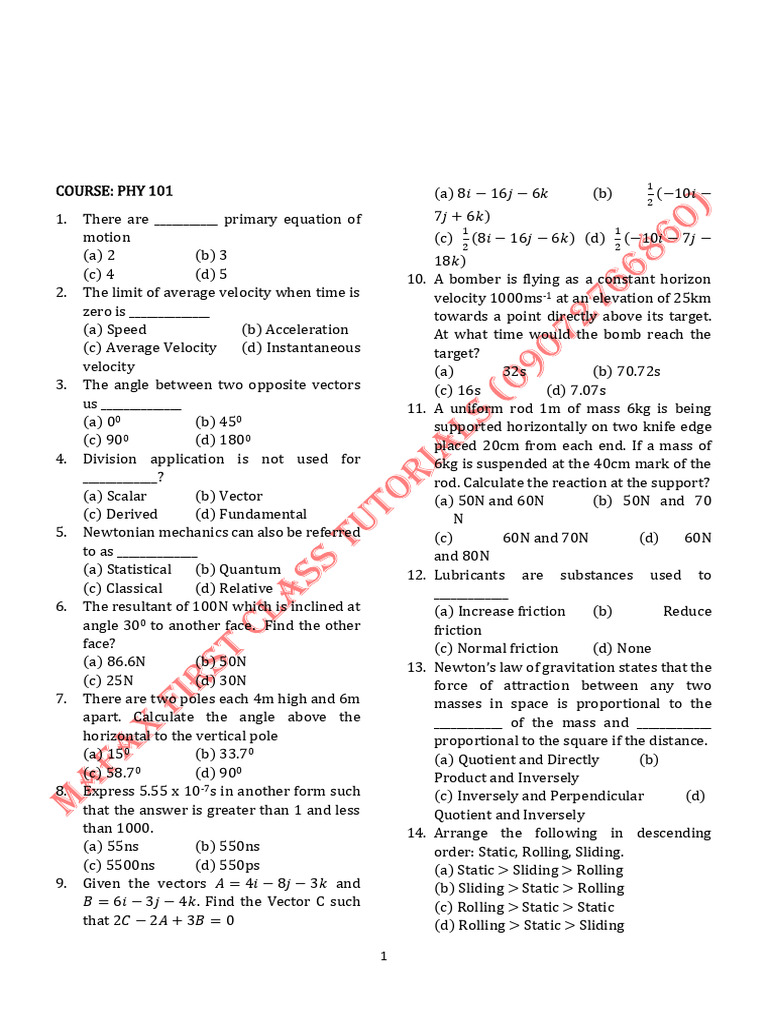 Maxfax Phy 101 Periodic Test-1 | PDF | Force | Newton's Law Of ...