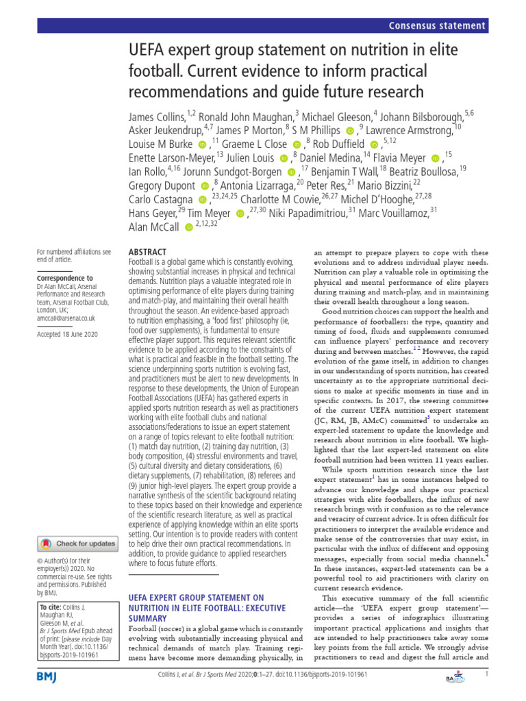 UEFA Nutrition Expert Statement 2020 | PDF | Dehydration | Glycogen