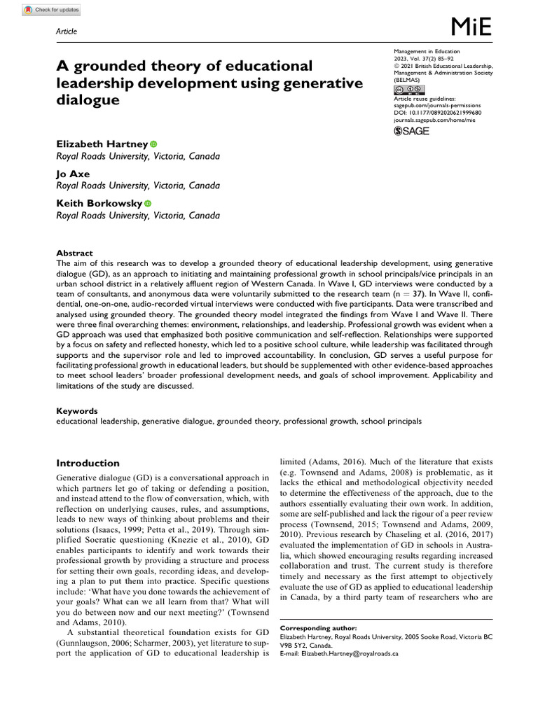 Hartney Et Al 2021 A Grounded Theory of Educational Leadership Development Using Generative ...