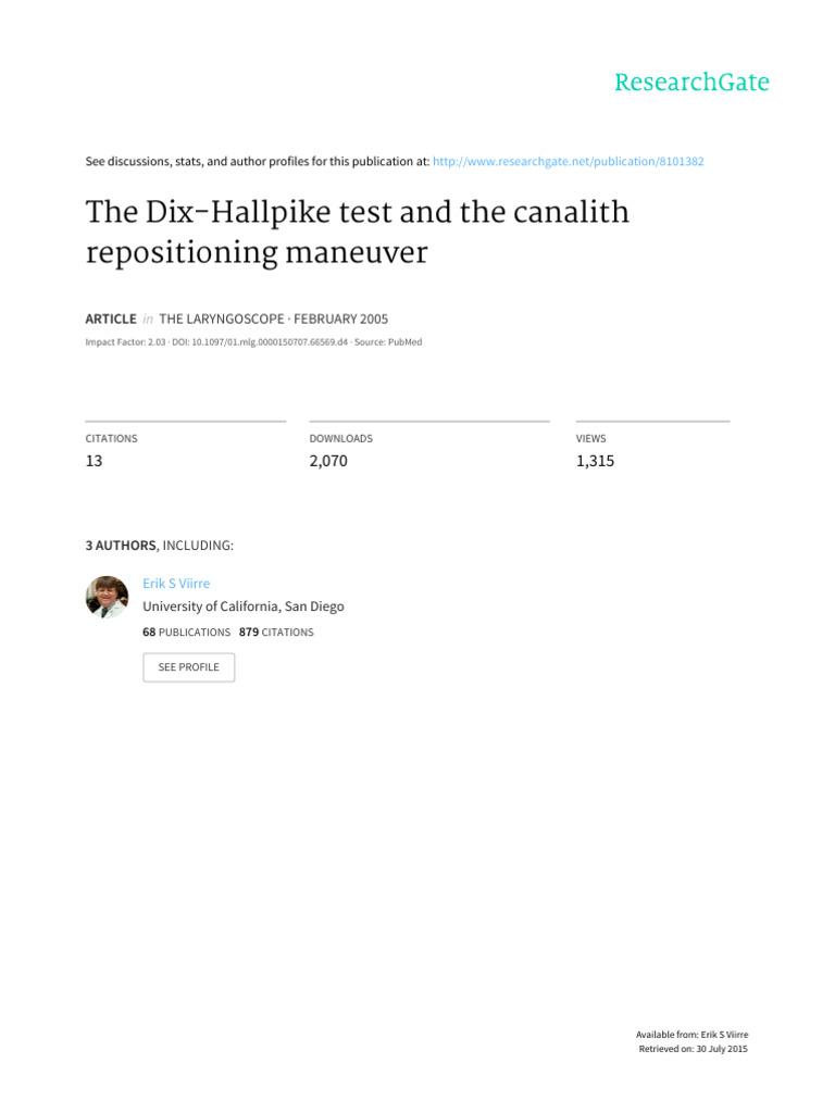 Dix-Hallpike Test & Canalith Maneuver | PDF | Clinical Medicine ...