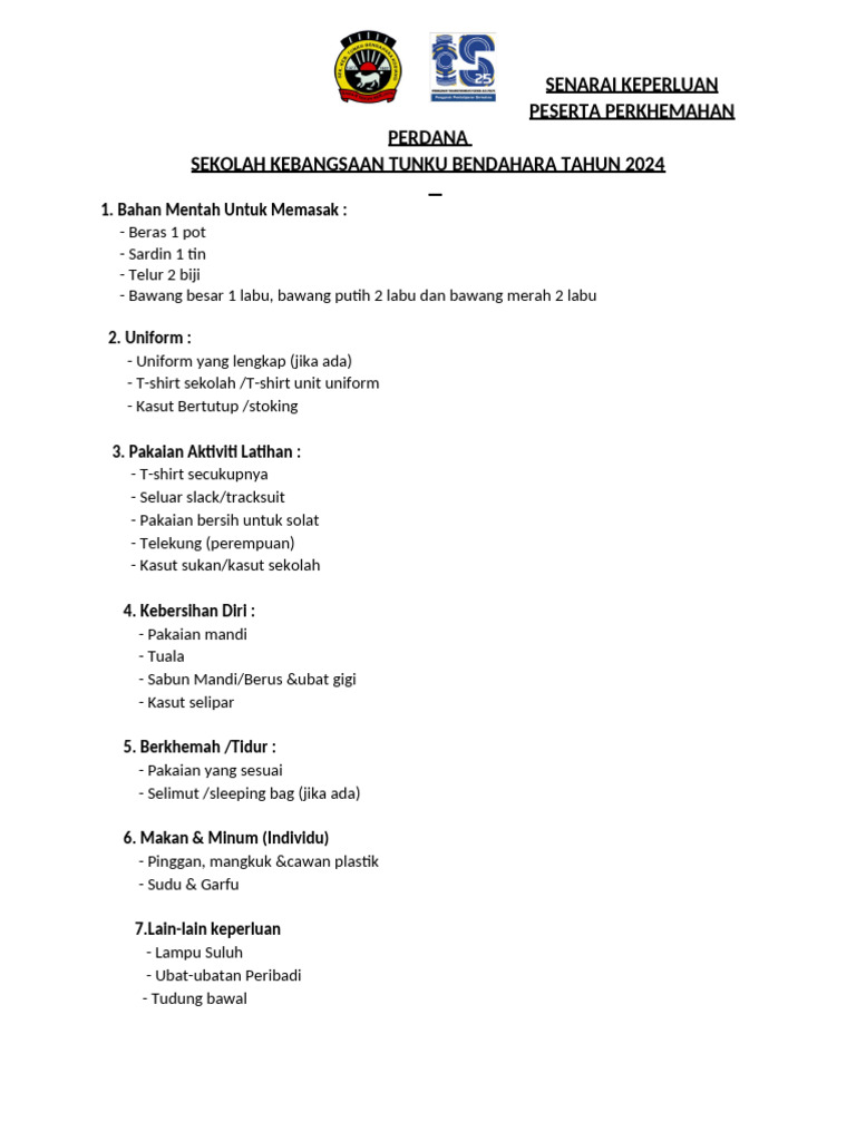 Senarai Keperluan Peserta Perkhemahan Perdana SKTB 2022 | PDF