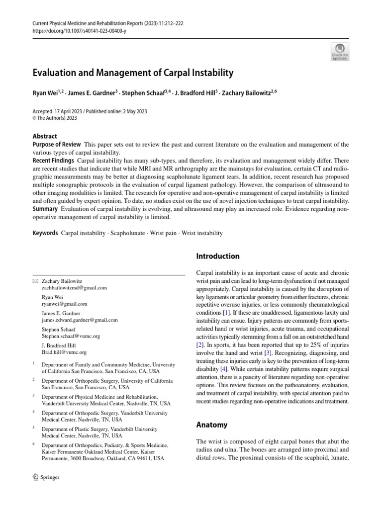 Evaluation and Management of Carpal Instability | PDF | Hand | Skeletal System