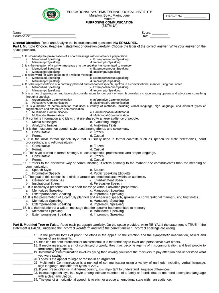 Purposive Communication Midterm Exam | PDF | Communication | Human ...