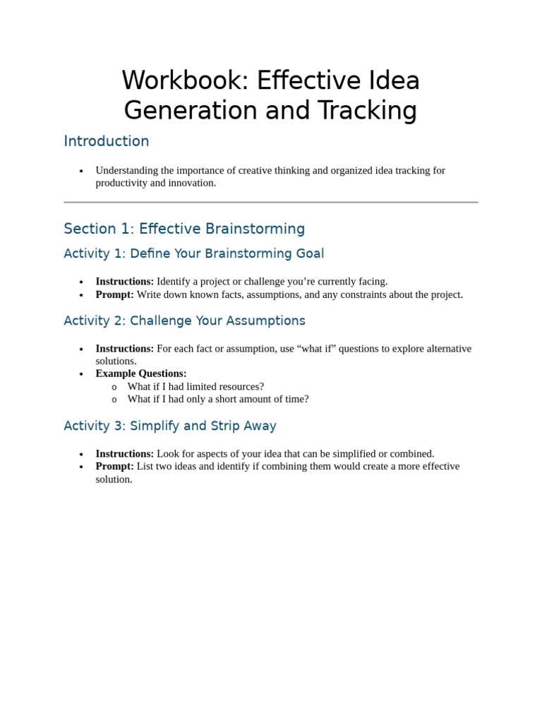 Work Book Effective Idea Generation Tracking | PDF | Brainstorming | Human Communication