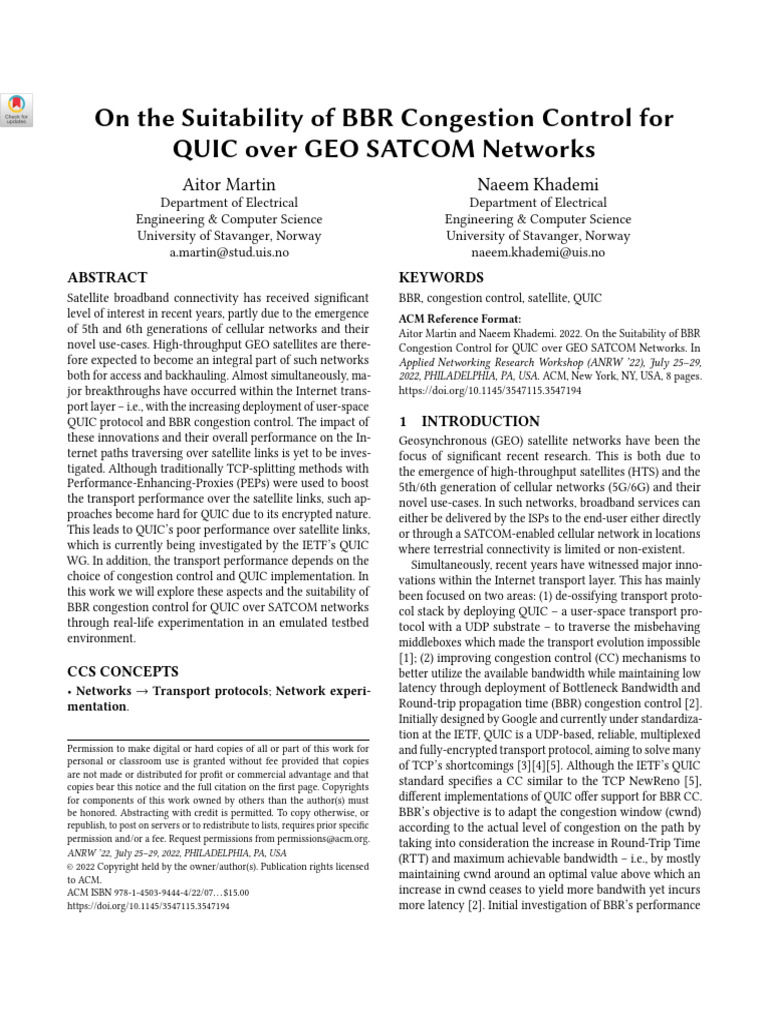 On The Suitability of BBR Congestion Control For QUIC Over GEO SATCOM Networks ANRW 22 | PDF ...