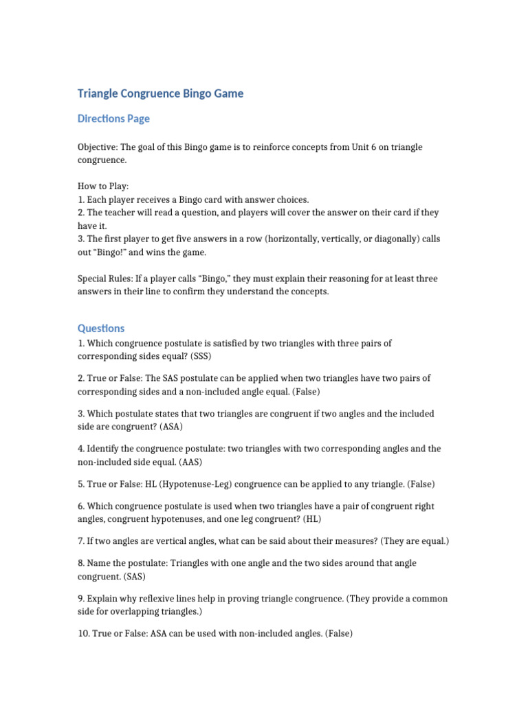 Triangle Congruence Bingo Game | PDF | Elementary Geometry | Classical ...