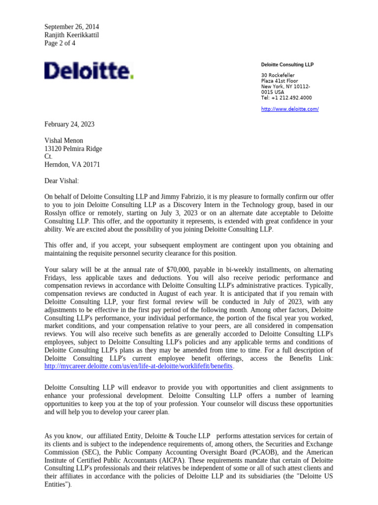 314654252-Ranjith-Keerikkattil-Deloitte-Offer-Letter | PDF | Employment ...