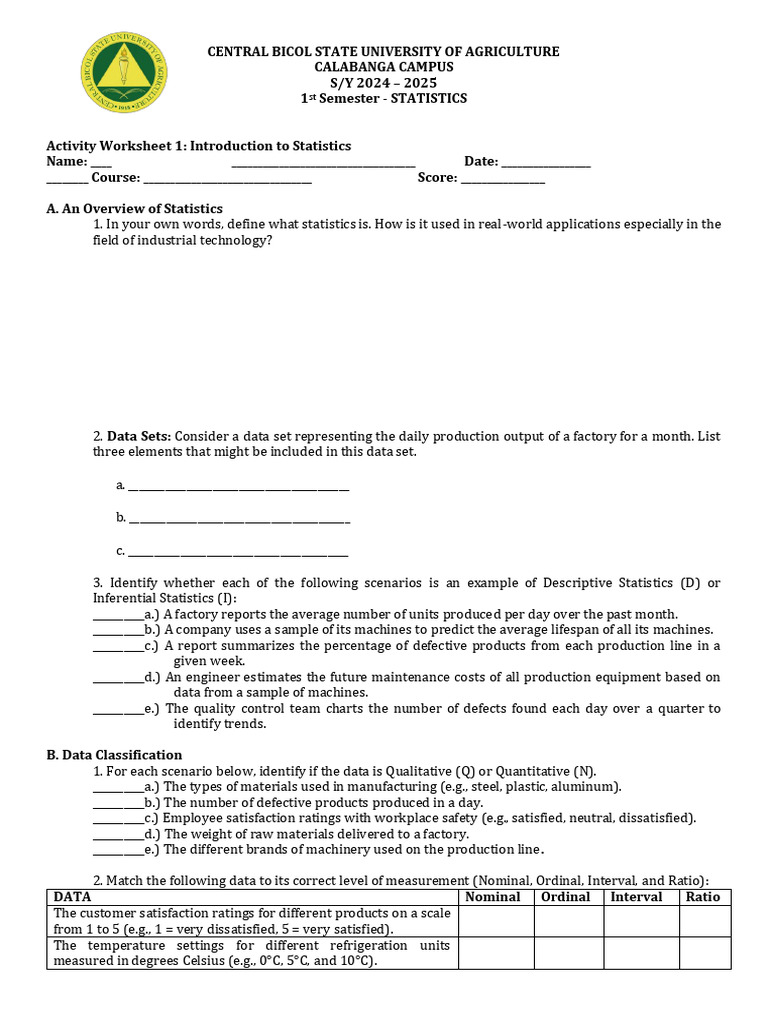 Worksheet 1 - UNIT 1 (Lesson 1-3) | PDF | Experiment | Sampling ...