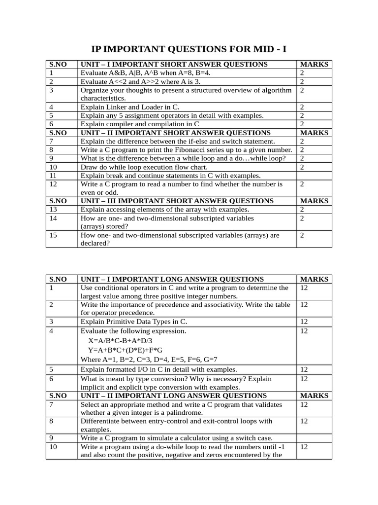 Important C Programming Questions Guide | PDF | Control Flow | Matrix ...