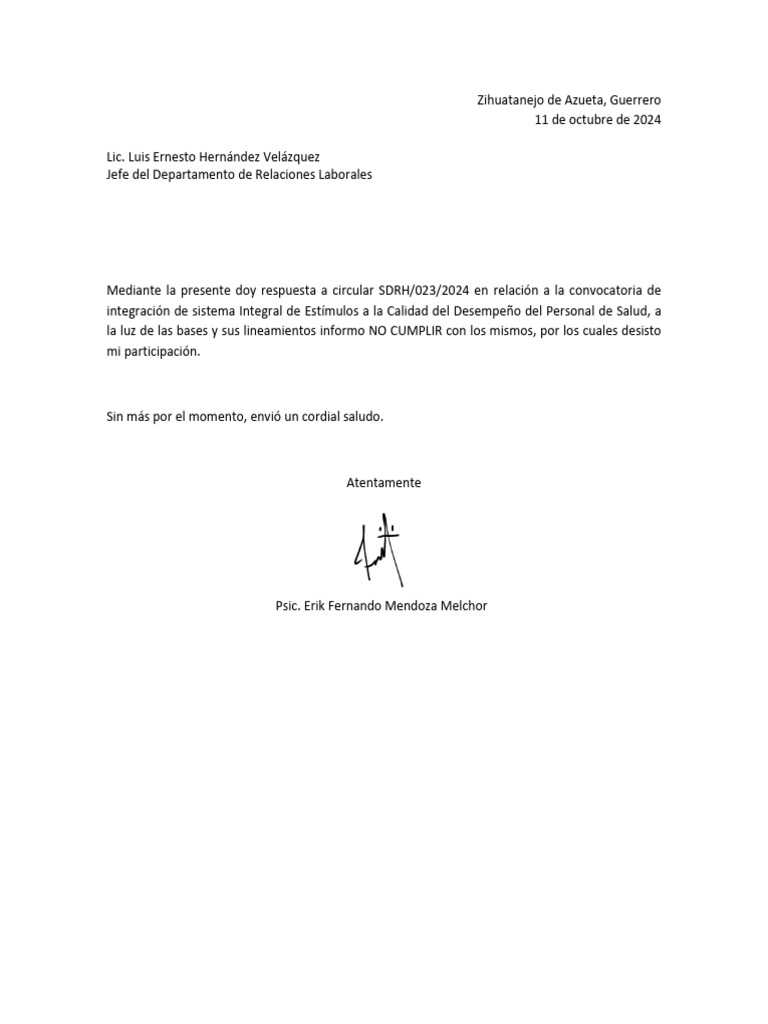 Respuesta CIRCULAR SDRH-023-2024 | PDF