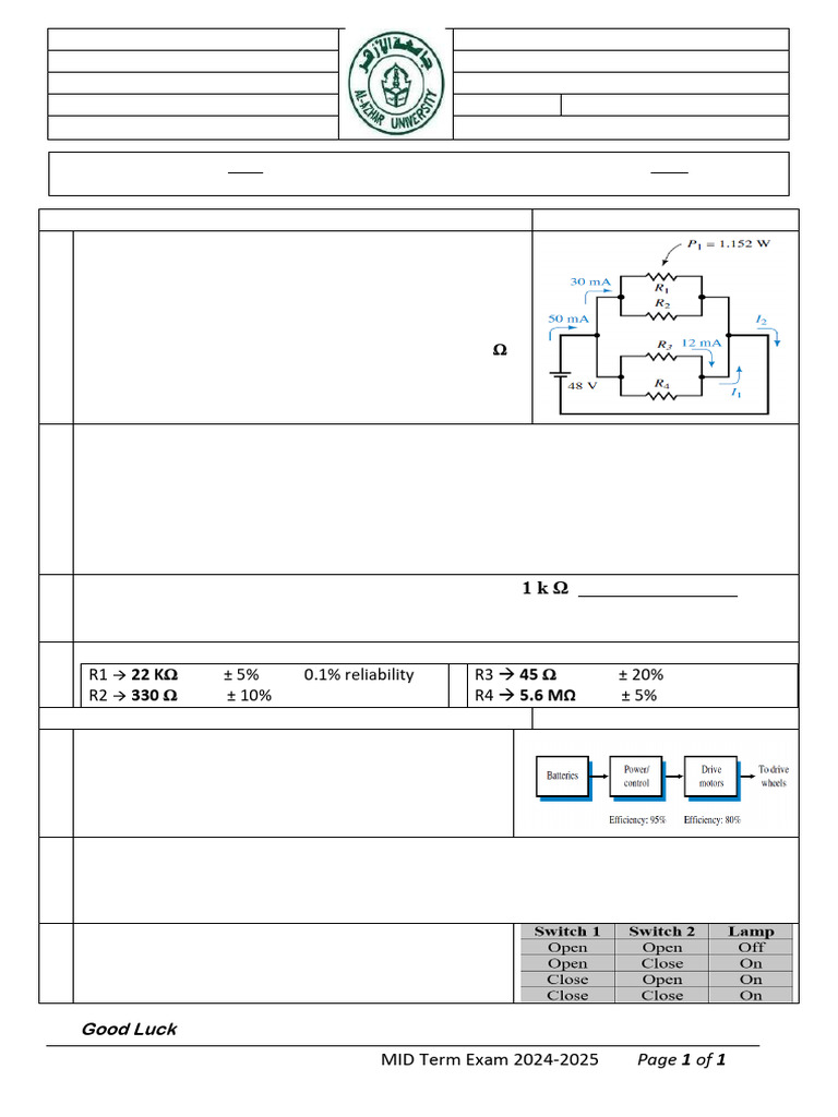Mid Term Exam Measurement Year 2024-2025 | PDF | Resistor | Electromagnetism