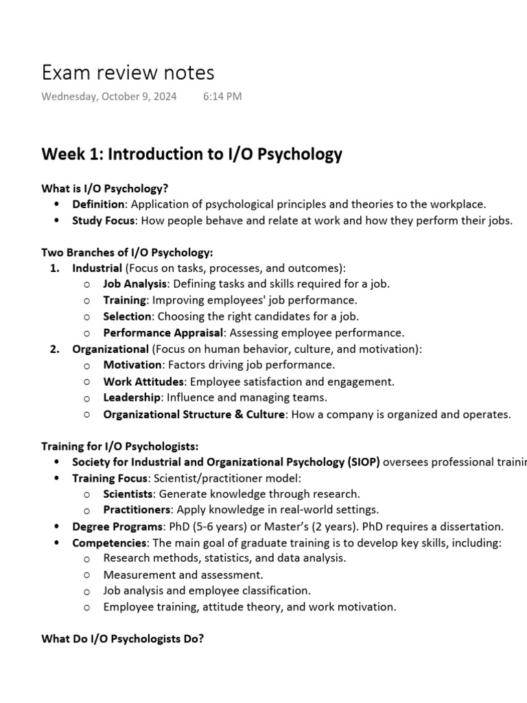 Exam review notes | PDF | Industrial And Organizational Psychology ...
