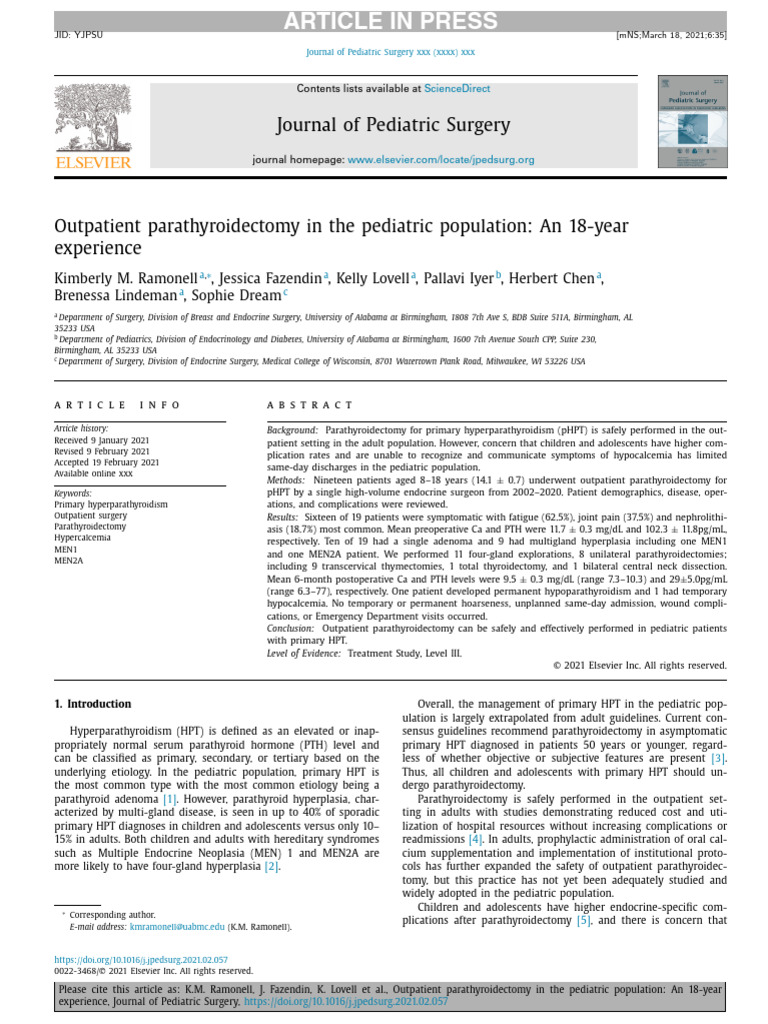 Outpatient Parathyroidectomy in Pediatrics | PDF | Medical Specialties ...