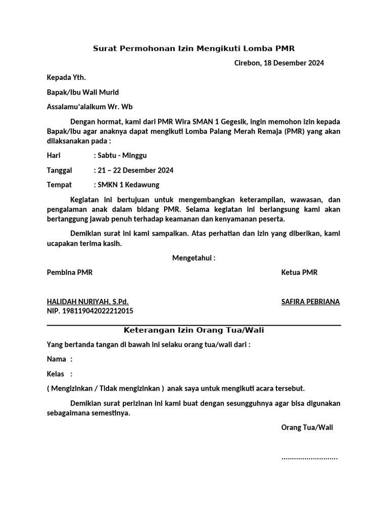 Surat Permohonan Izin Mengikuti Lomba PMR | PDF