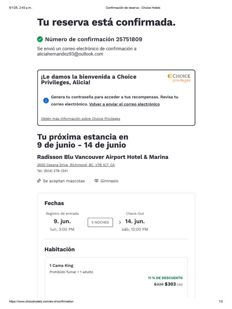 Confirmación de Reserva - Choice Hotels | PDF