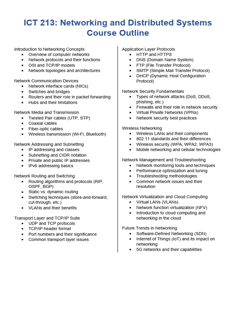 ICT 213 Networking and Distributed Systems Course Outline 2 | PDF | Computer Network | Internet ...