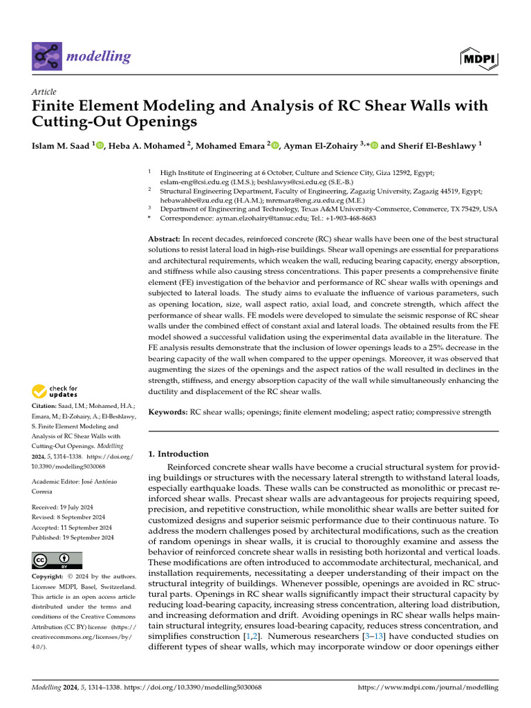 2024 - Finite Element Modeling and Analysis of RC Shear Walls With Cutting-Out Openings | PDF ...